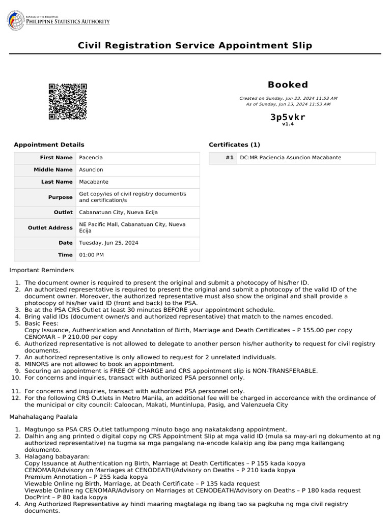 Civil Registration Service Appointment Slip: 3p5vkr | PDF