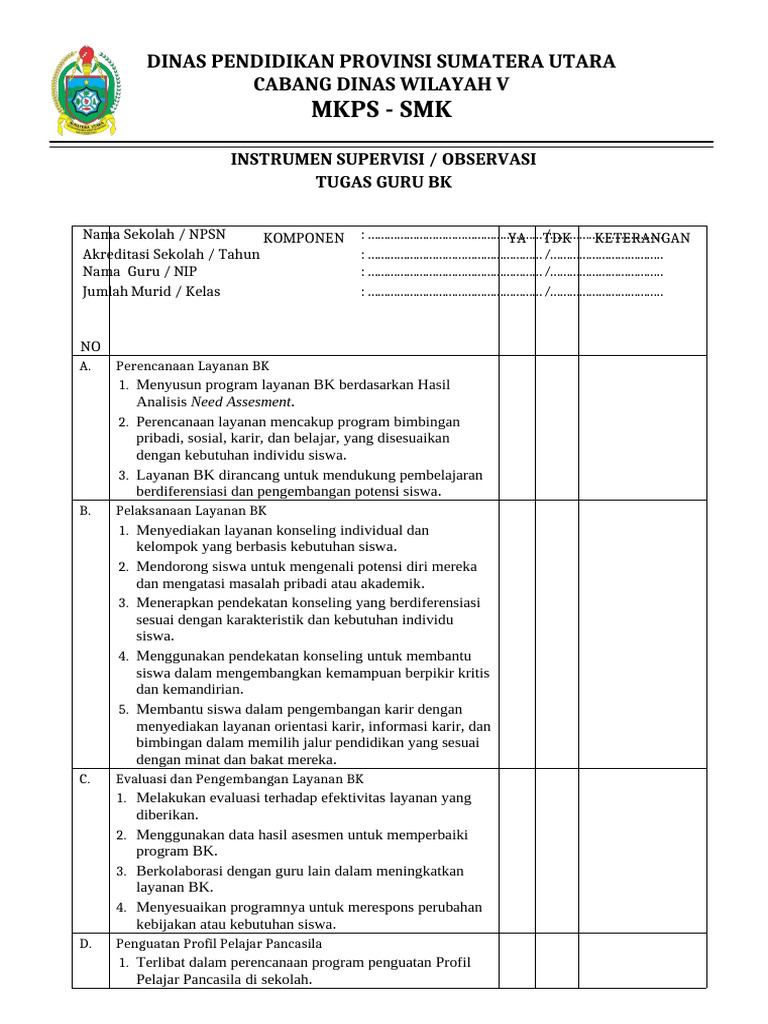Instrumen Supervisi Guru BK 24-25 | PDF