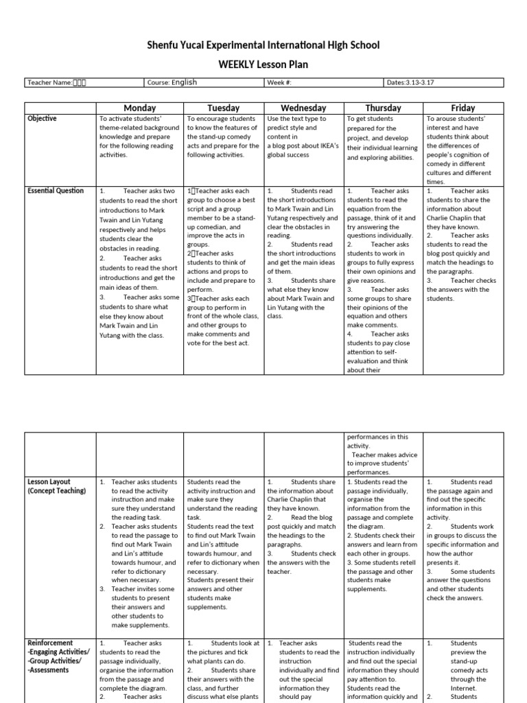 Weekly Lesson Plan P 2 | PDF