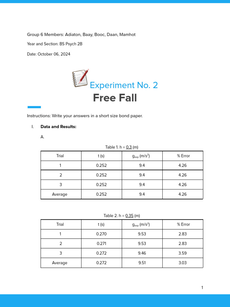 Group 6 - Gen Phys Lab Experiment No. 2.1-Lab Worksheet | PDF | Acceleration | Teaching Methods ...