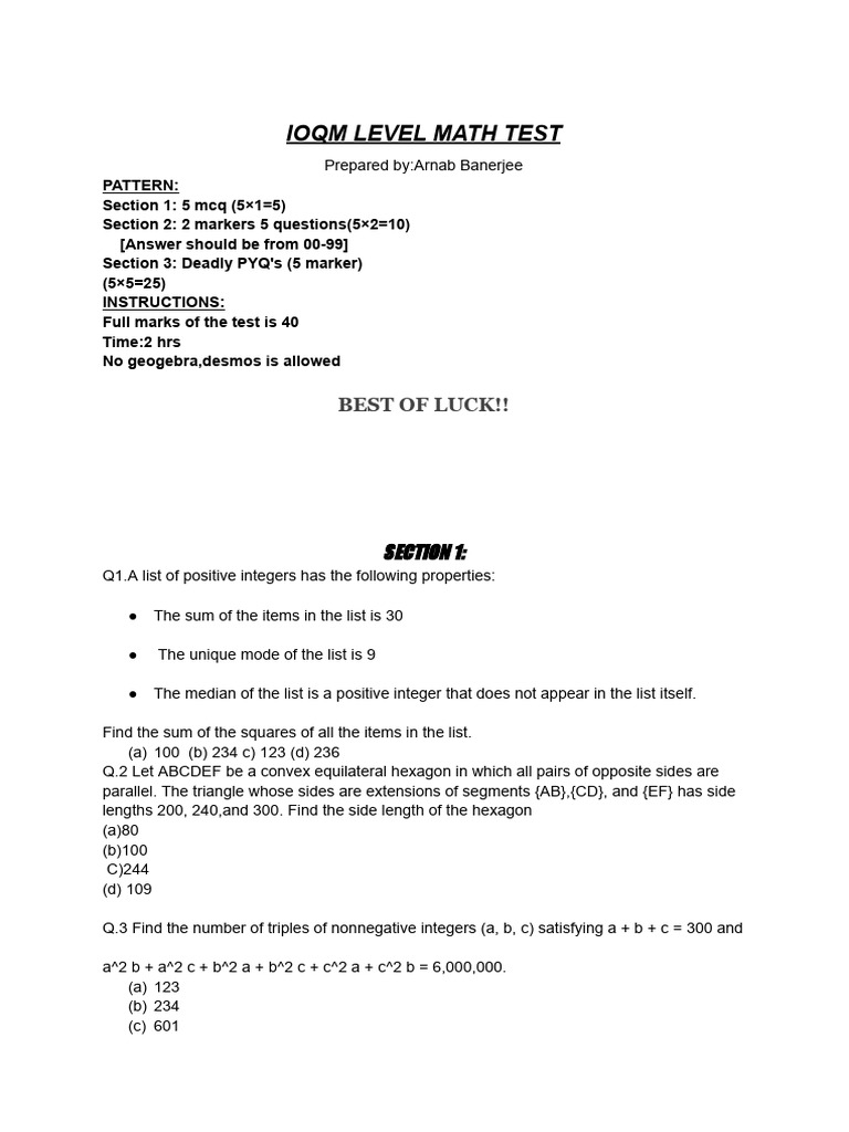Ioqm Level Math Test | PDF