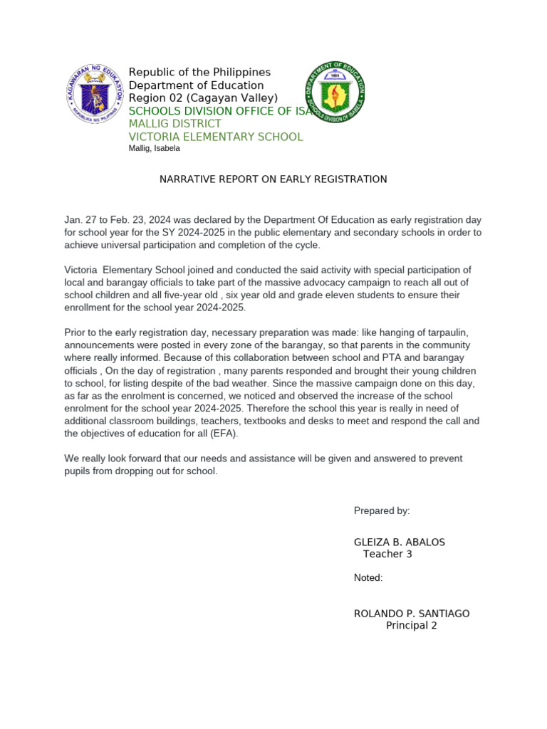 Narrative Report Early Registration | PDF