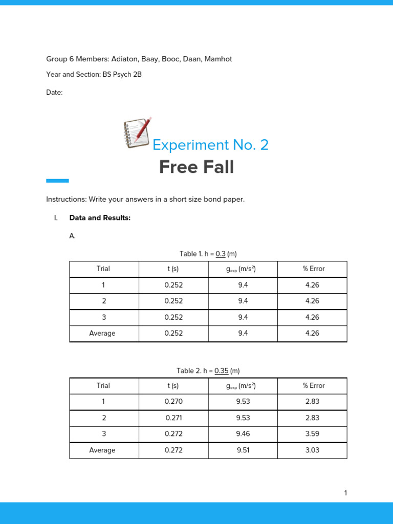 Group 6 Gen Phys Lab Experiment No. 2.1 Lab Worksheet (1) | PDF