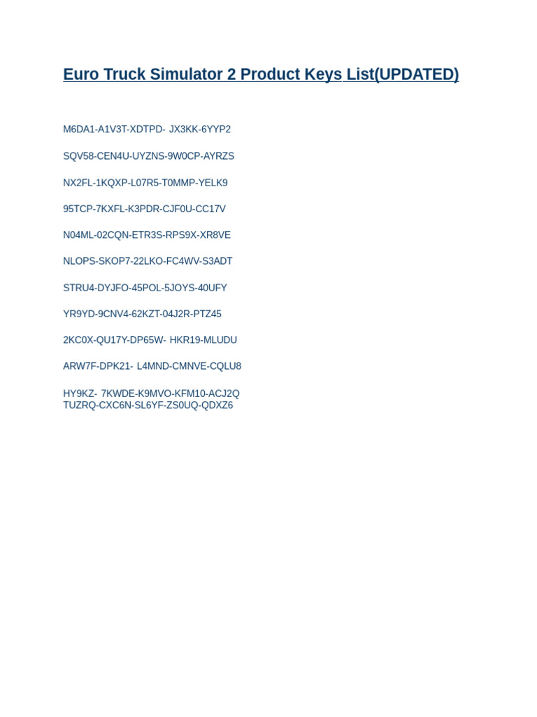 Euro Truck Simulator 2 Product Keys List | PDF