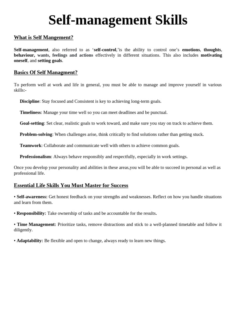 Chapter 2 Self Management Skills | PDF