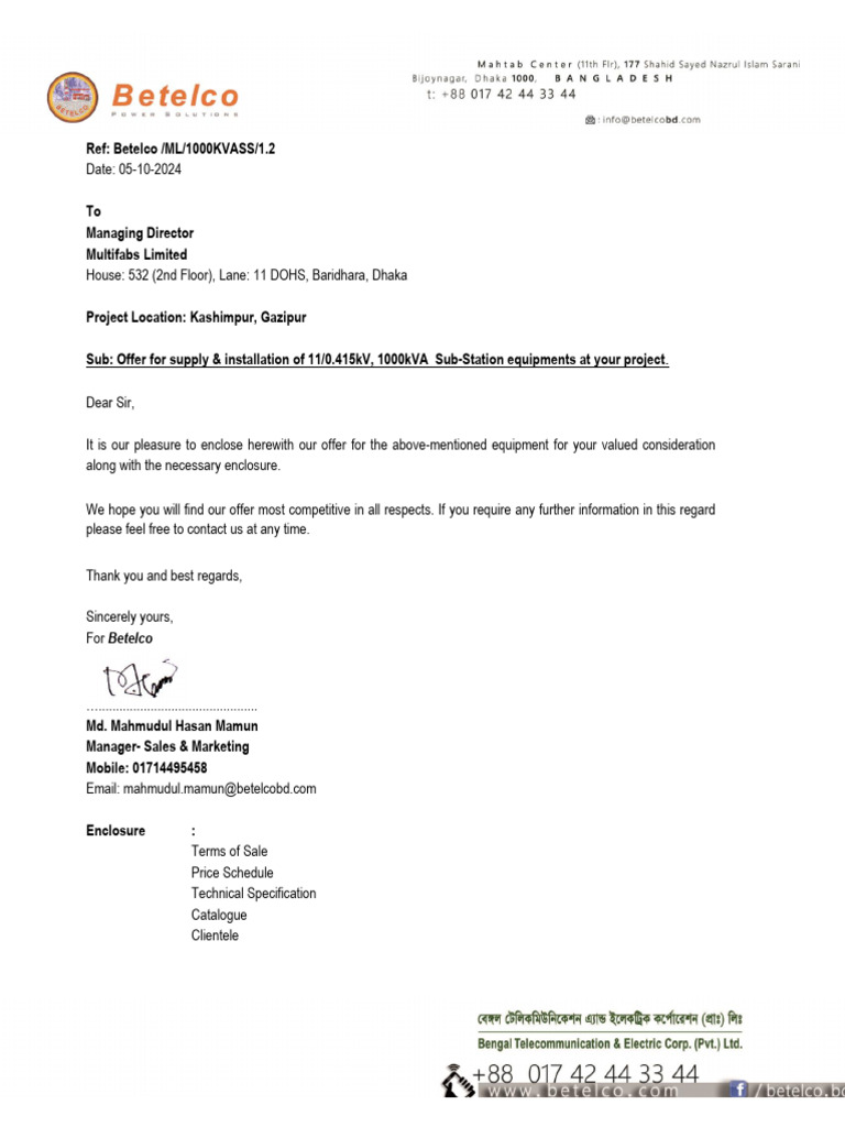 1.2 1000KVA SS Offer Multifabs Limited 06-10-2024 | PDF