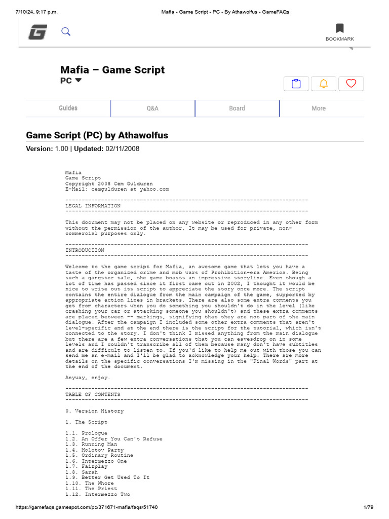 Mafia - Game Script - PC - By Athawolfus - GameFAQs | PDF