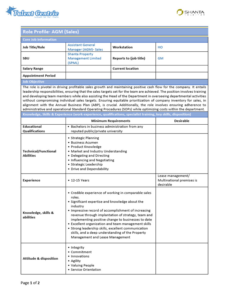 Role Profile - AGM - Sales - SPML | PDF