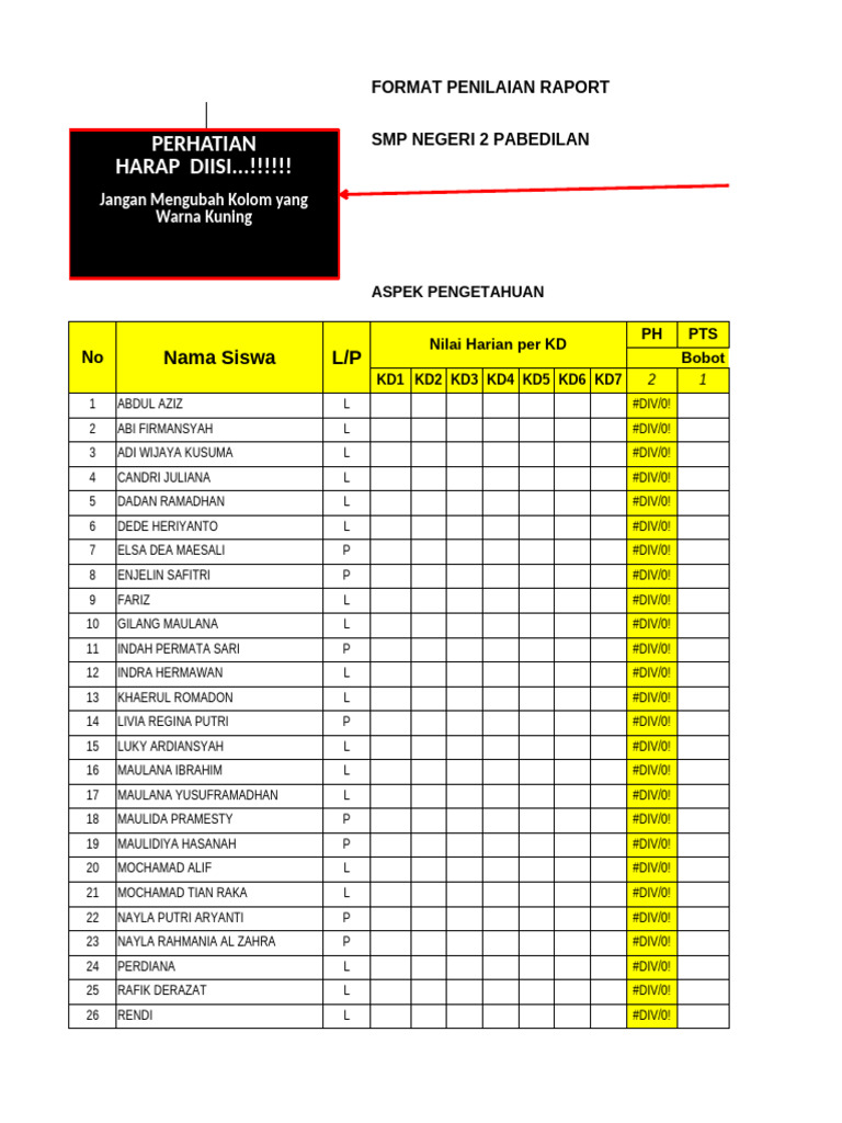 FORMAT NILAI KELAS 7 | PDF