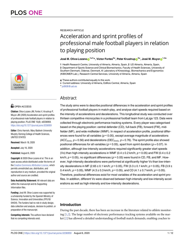 Acceleration and Sprint of Professional Male Football Players | PDF