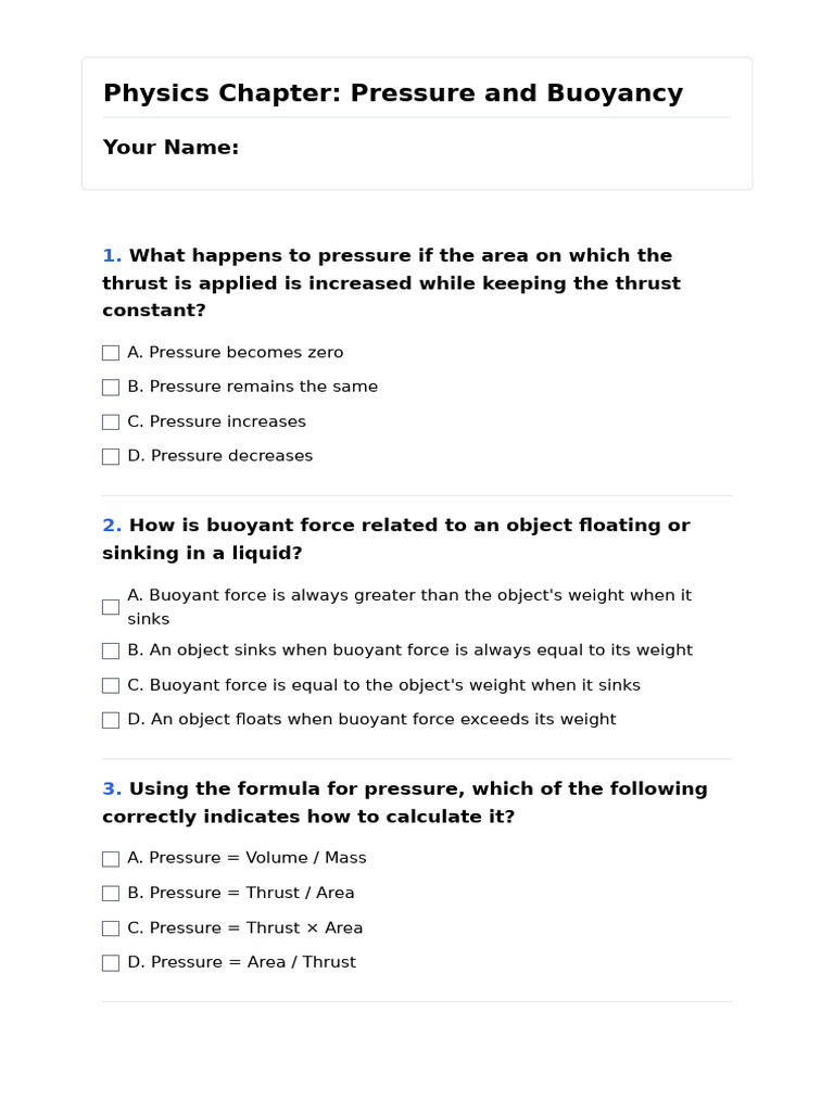 Physics Chapter Pressure and Buoyancy | PDF | Buoyancy | Social Science