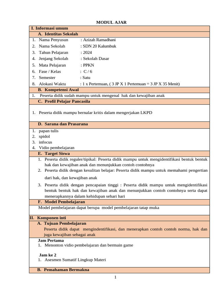 Modul PPKN Kelas 6 Hak Dan Kewajiban Anak | PDF