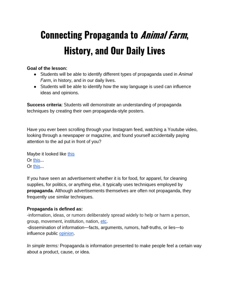Connecting Propaganda To Animal Farm History and Our Daily Lives ...