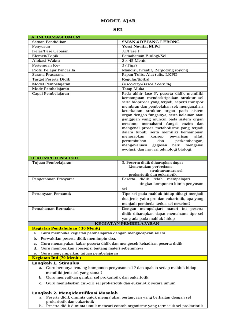 Modul Ajar - Sel - Yossi Novita | PDF