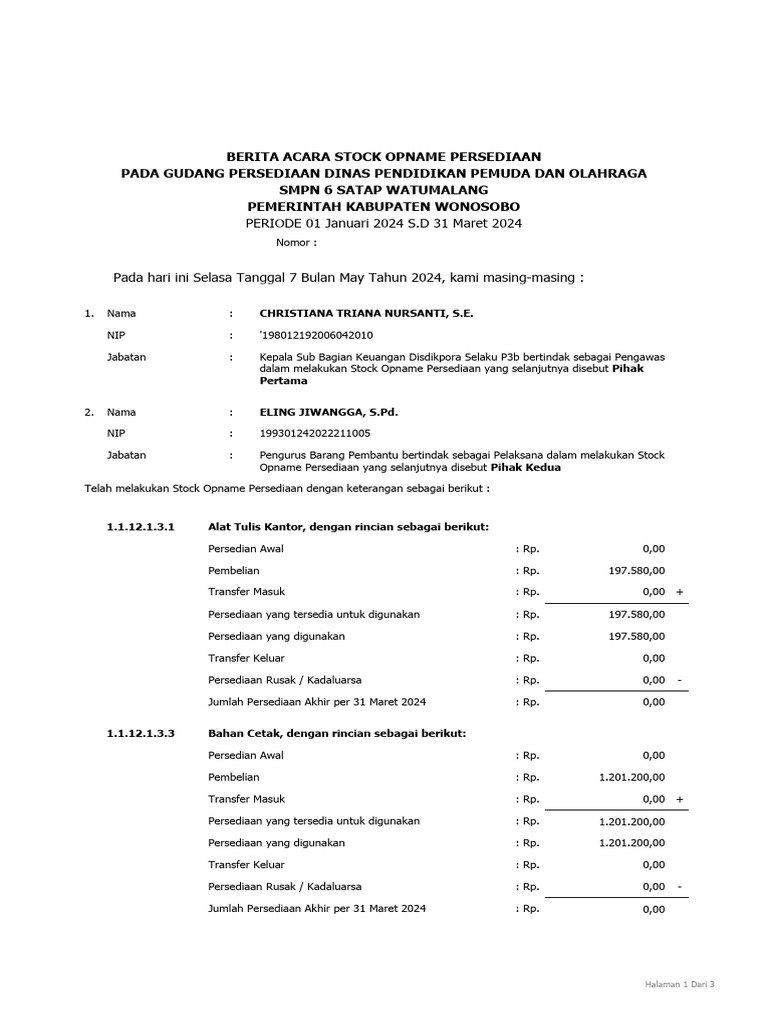 Contoh Laporan Berita Acara Stock Opname Persediaan | PDF