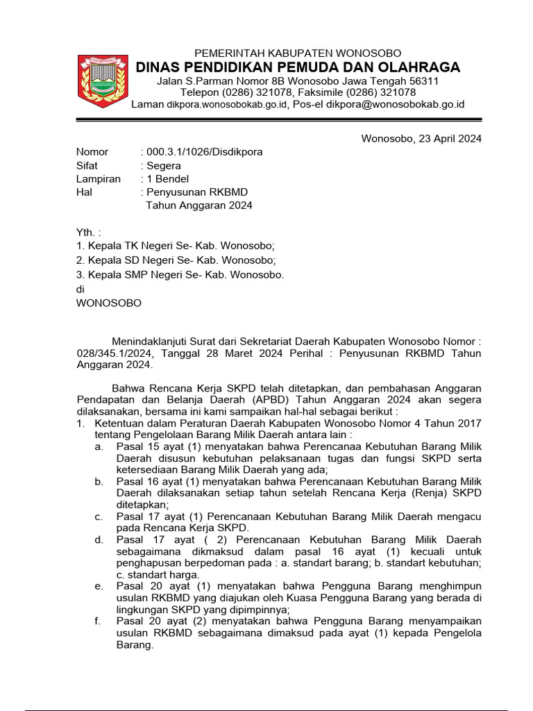 SURAT PEMBERITAHUAN RKBMD 2024 Disdikpora - TTE. | PDF