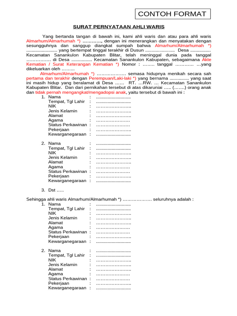 Form Surat Waris | PDF