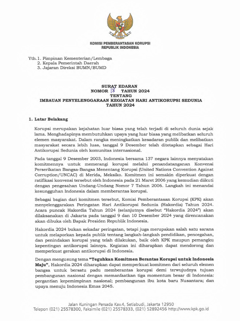 SE KPK Nomor 18 Tahun 2024 Tentang Imbauan Penyelenggaraan Kegiatan Hari Antikorupsi 2024 | PDF