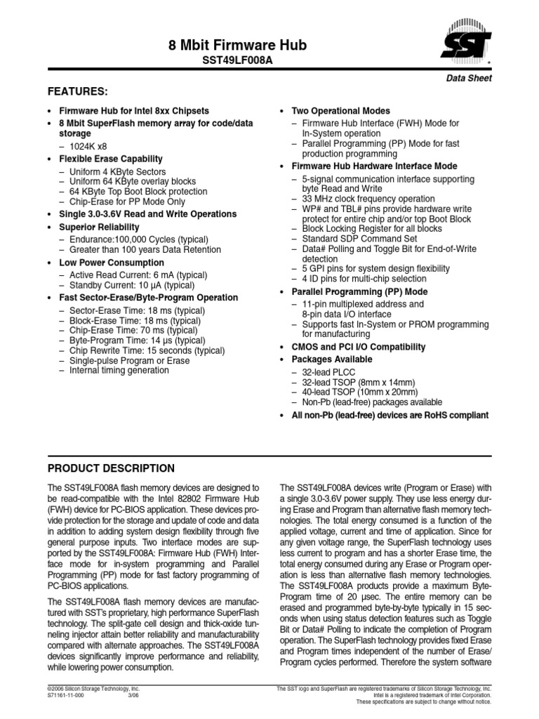 8 Mbit Firmware Hub SST49LF008A | PDF