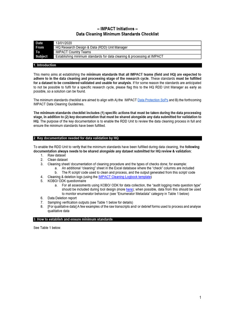 IMPACT - Memo - Data Cleaning Min Standards Checklist - 28012020 1 | PDF