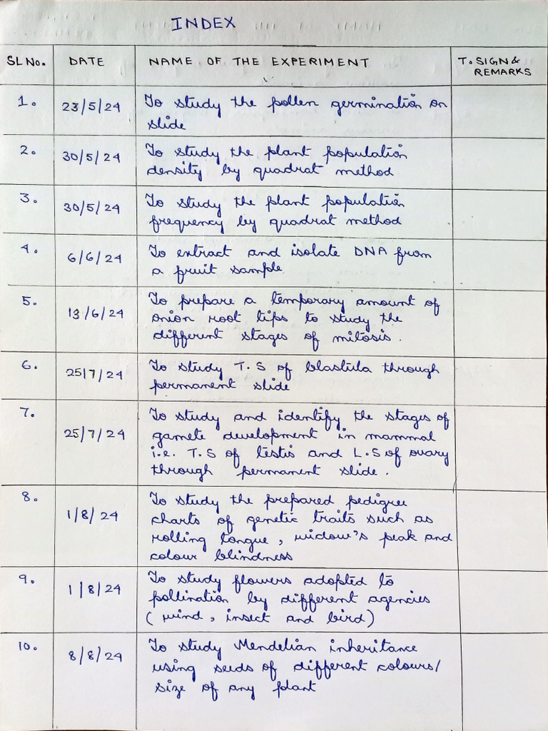 Biology Practical Index | PDF