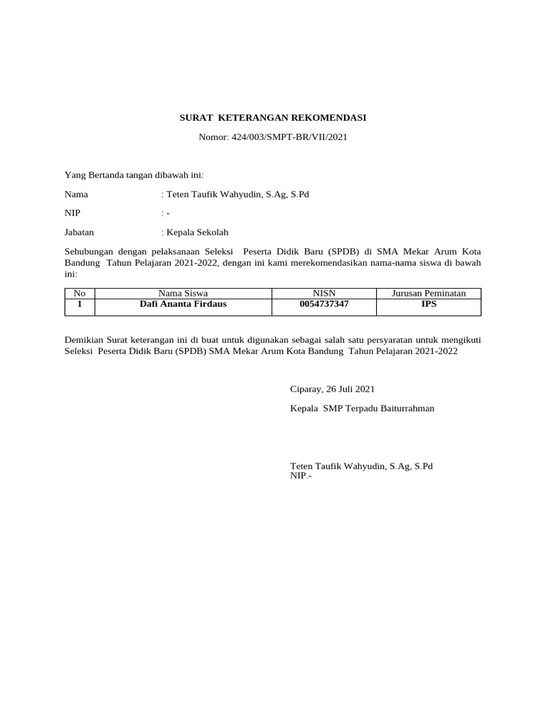 003 SURAT KETERANGAN REKOMENDASI Dafi Ananta | PDF