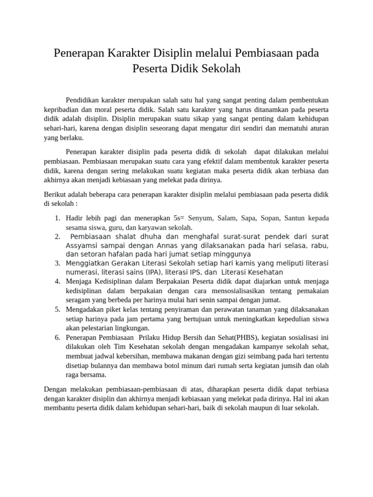 Penerapan Karakter Disiplin Melalui Pembiasaan Pada Peserta Didik ...