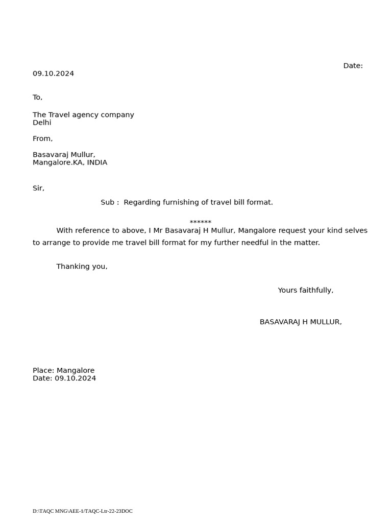 Request Letter To Travel Bill | PDF