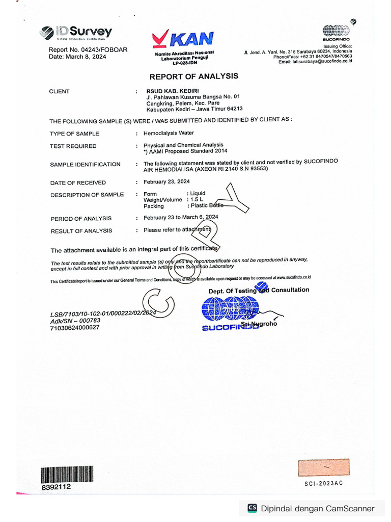 hasil pemeriksaan air ruang hd tahun 2024 | PDF hasil pemeriksaan air ruang hd tahun 2024 | PDF