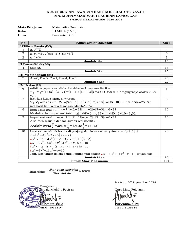 Kunci Jawaban Pts MTK TL Kelas Xi Mipa | PDF