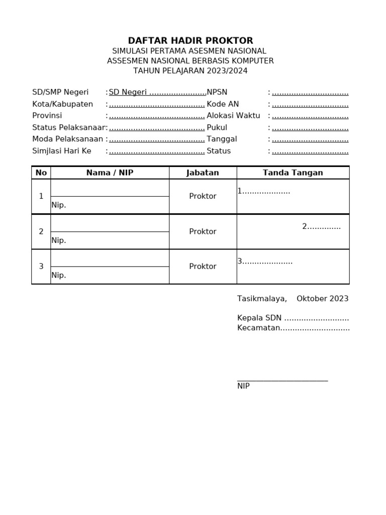 Daftar Hadir Proktor ANBK | PDF