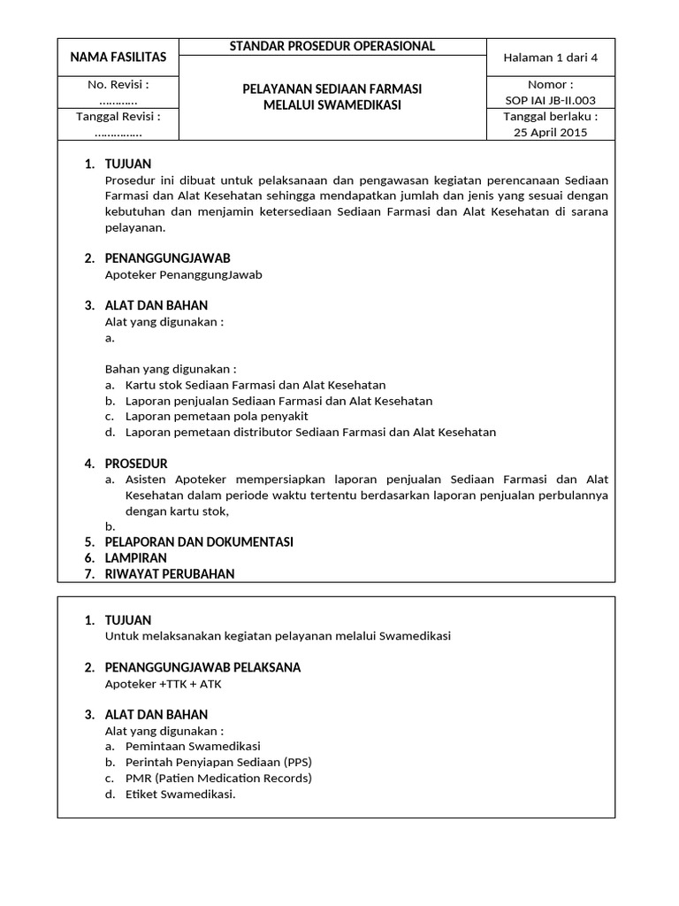 II-003 SOP Pelayanan Sediaan Farmasi Melalui Swamedikasi | PDF
