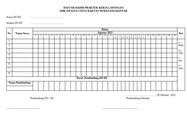 Daftar Hadir Praktek Kerja Lapangan | PDF