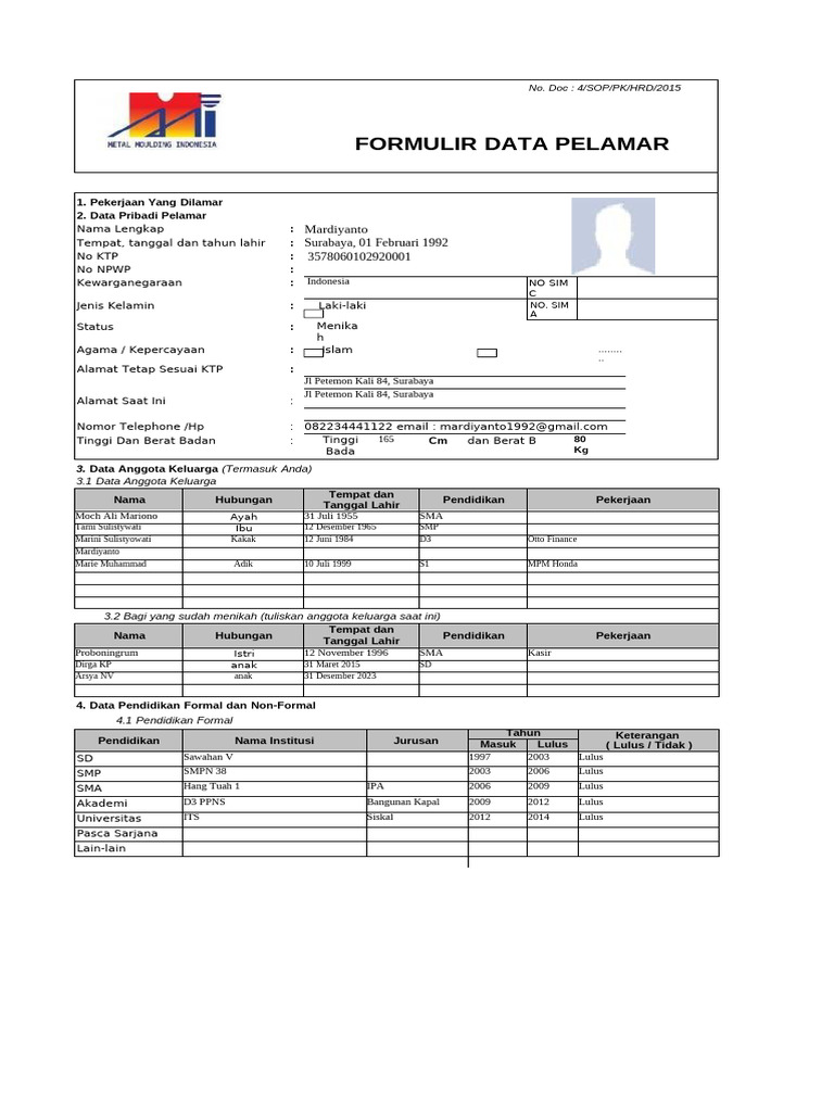 Form Data Pelamar Mmi | PDF