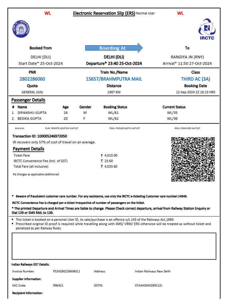 15657/brahmputra Mail Third Ac (3A) : WL WL | PDF