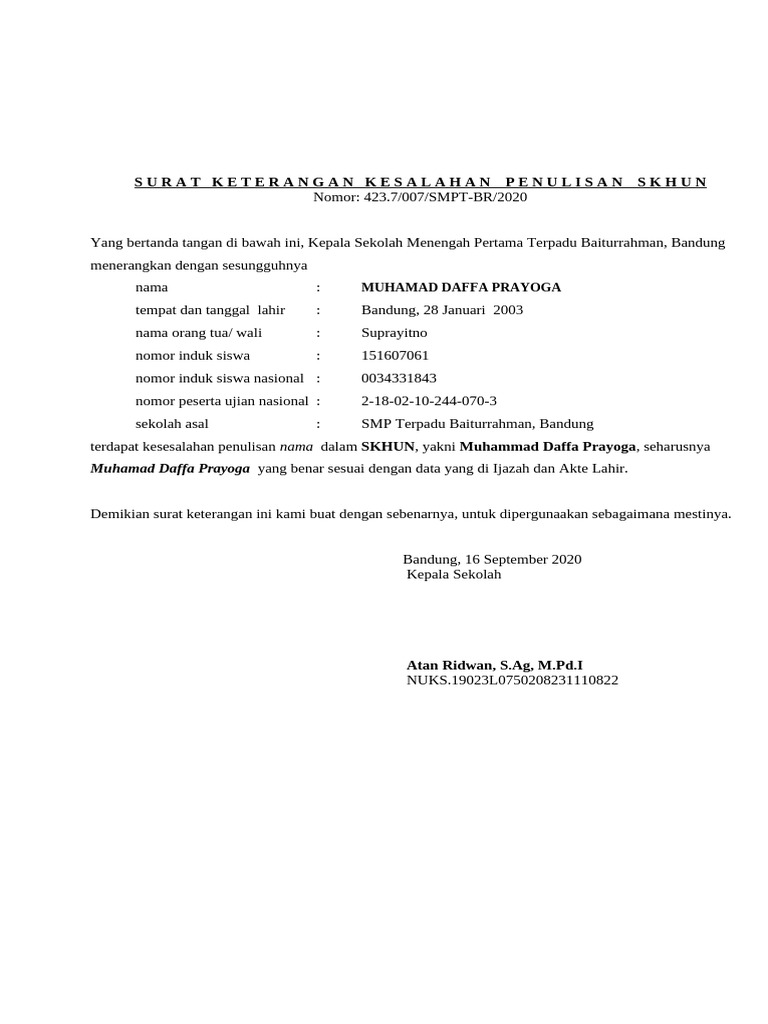 007 Surat Keterngan Revisi SKHUN Muhammad Daffa Prayoga | PDF