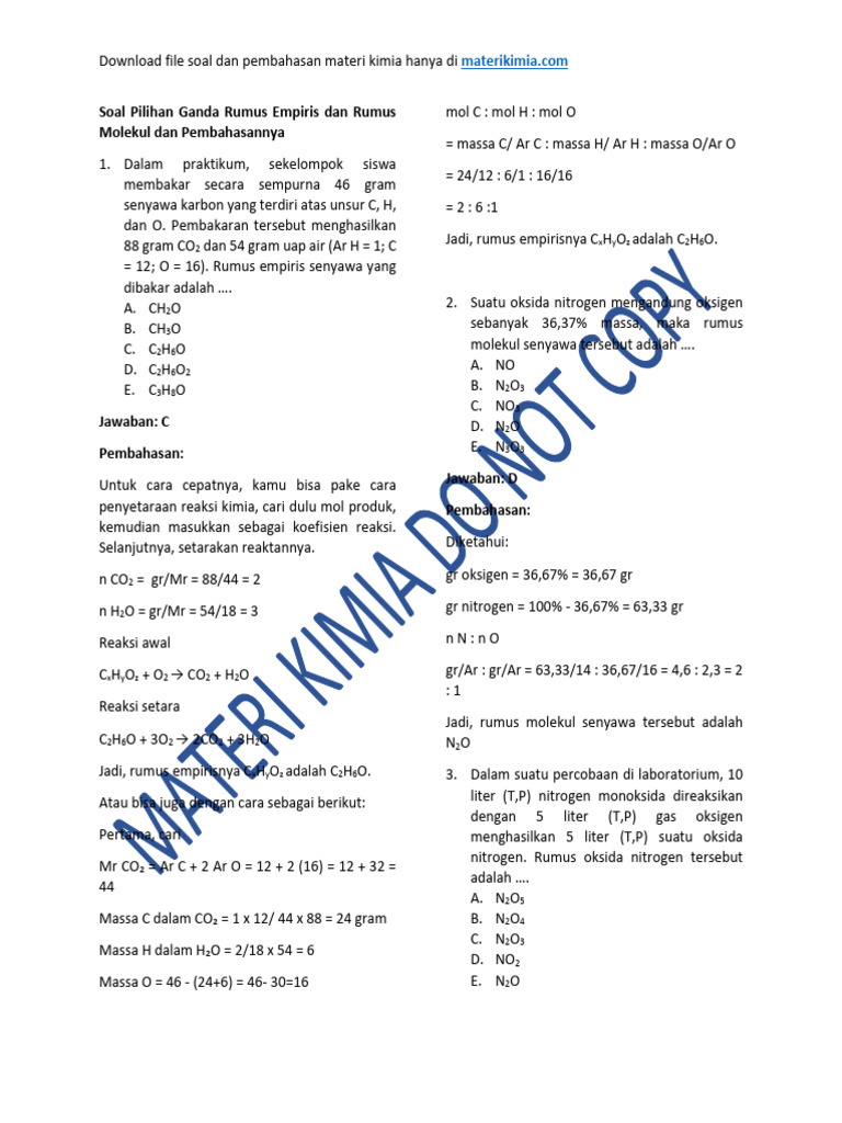 Soal Pilihan Ganda Rumus Empiris Dan Rumus Molekul Dan Pembahasannya | PDF