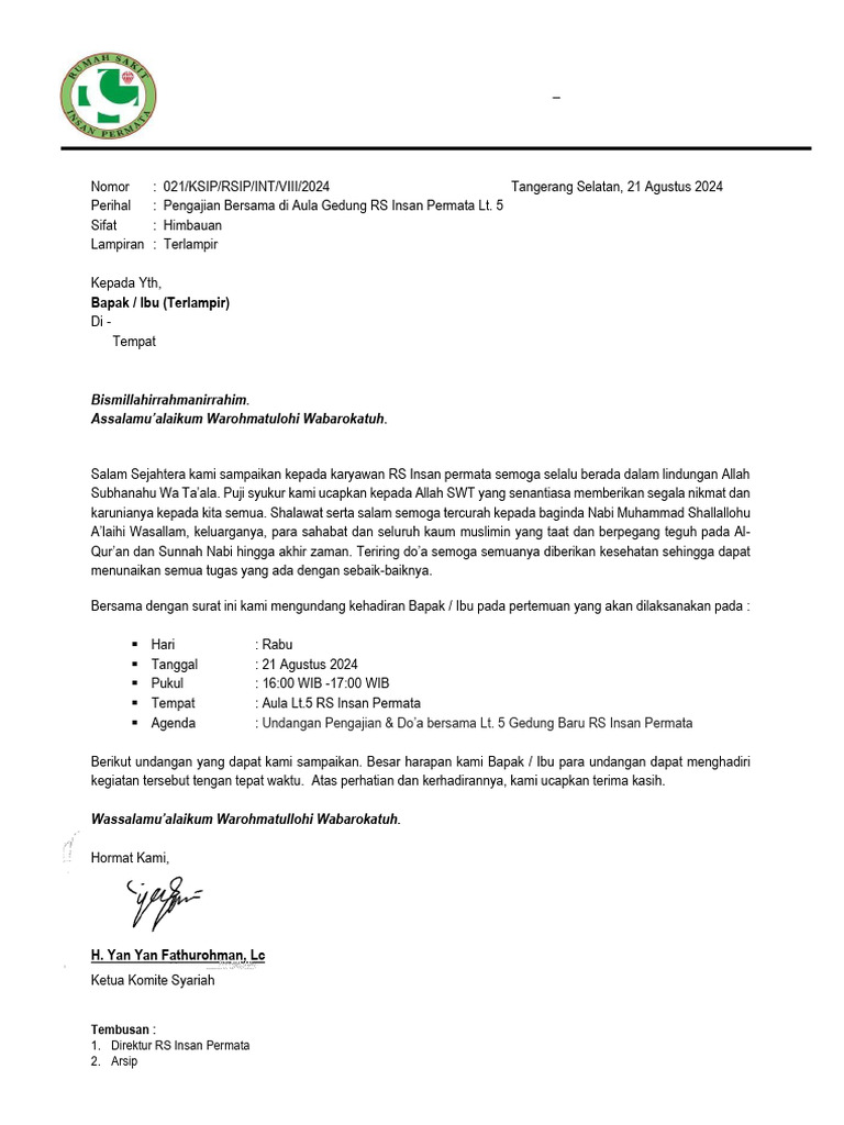 021 - Pengajian Bersama Di Aula Gedung RS Insan Permata Lt. 5 | PDF