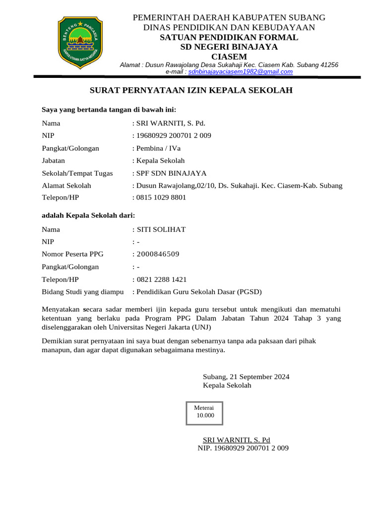 Format Surat Ijin Kepala Sekolah | PDF