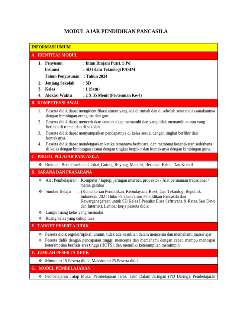 Modul Ajar Pendidikan Pancasila 1 | PDF