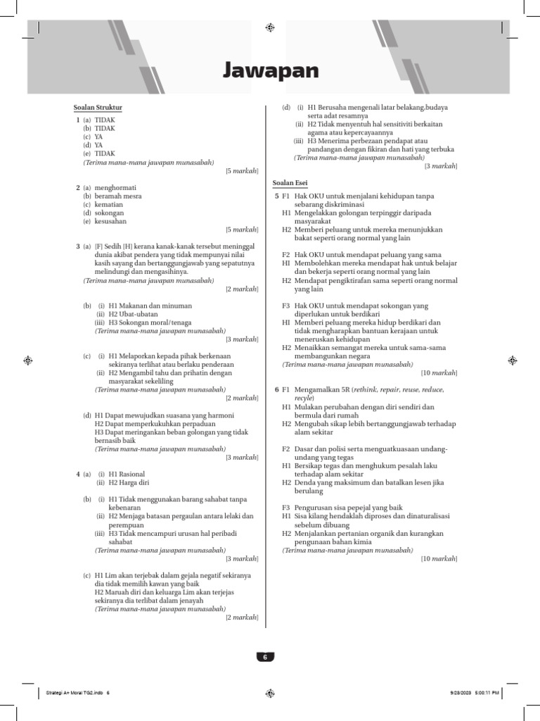 Jawapan Pentaksiran Pertengahan Tahun Pendidikan Moral Tingkatan 2 | PDF
