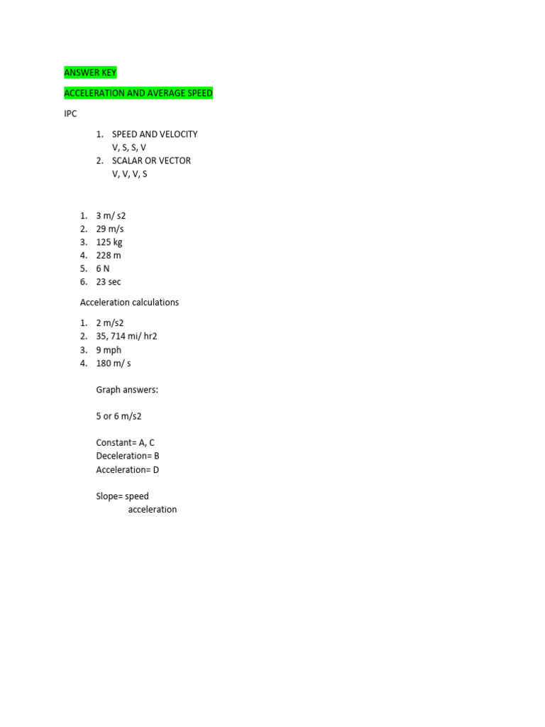 Answer Key Acceleration and Average Speed Ipc | PDF