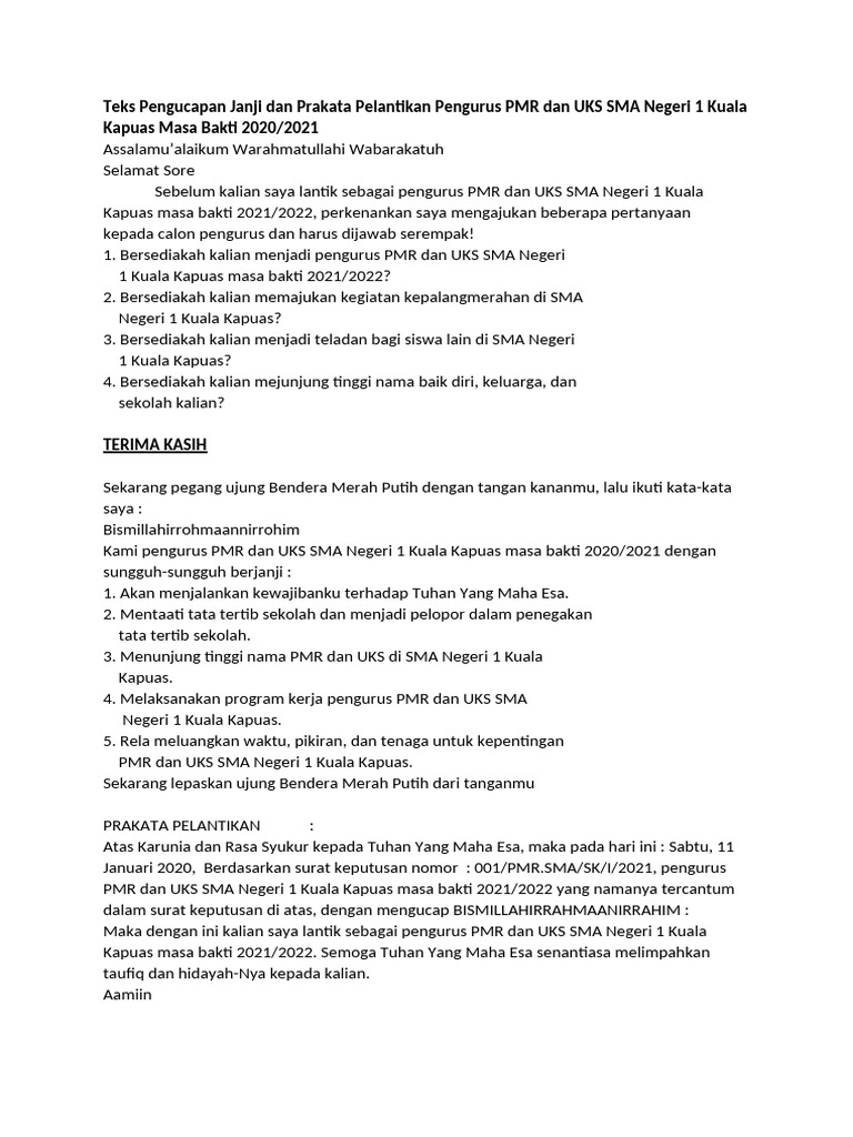 Teks Pengucapan Janji Dan Prakata Pelantikan Pengurus PMR Dan UKS SMA Negeri 1 Kuala Kapuas Masa ...