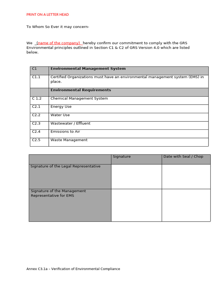Annex C3.1a Verification of Environmental Compliance | PDF