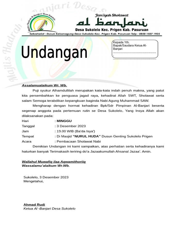Undangan Al Banjari Dusun Genting | PDF