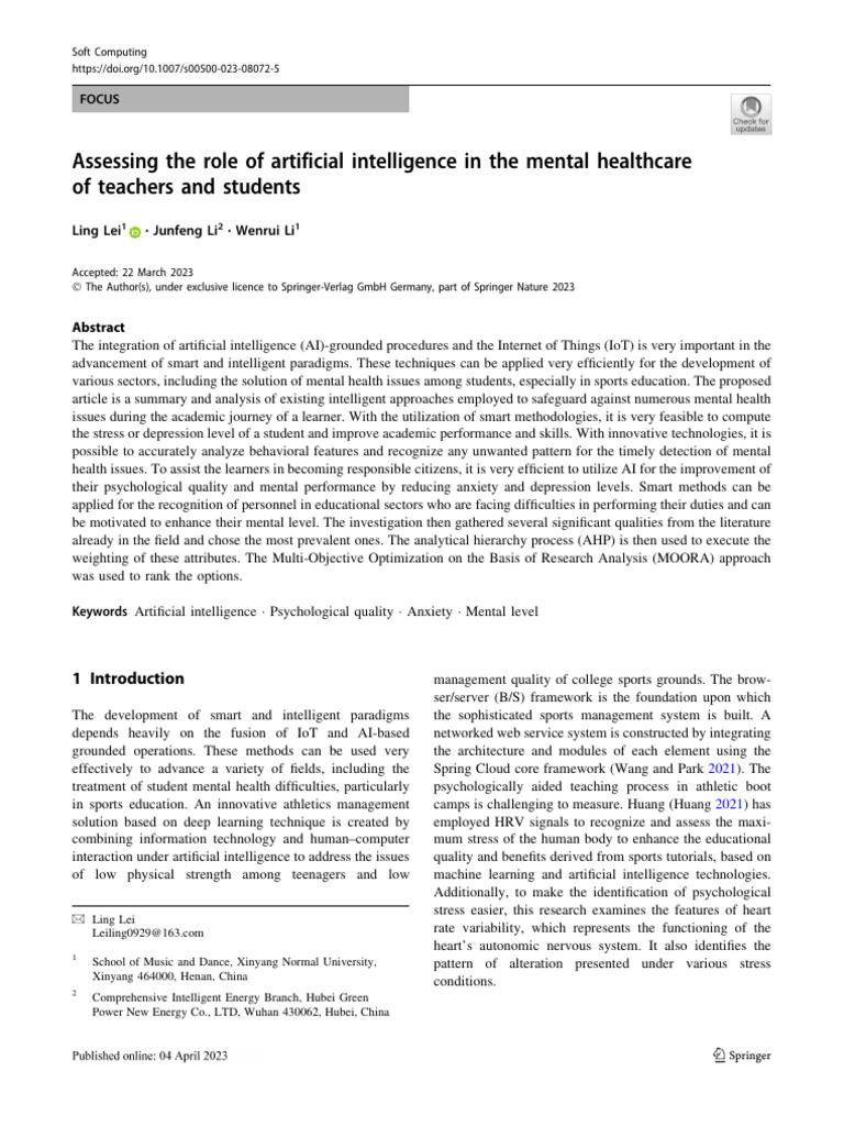 Assessing The Role of Artificial Intelligence in The Mental Healthcare of Teachers and Students ...
