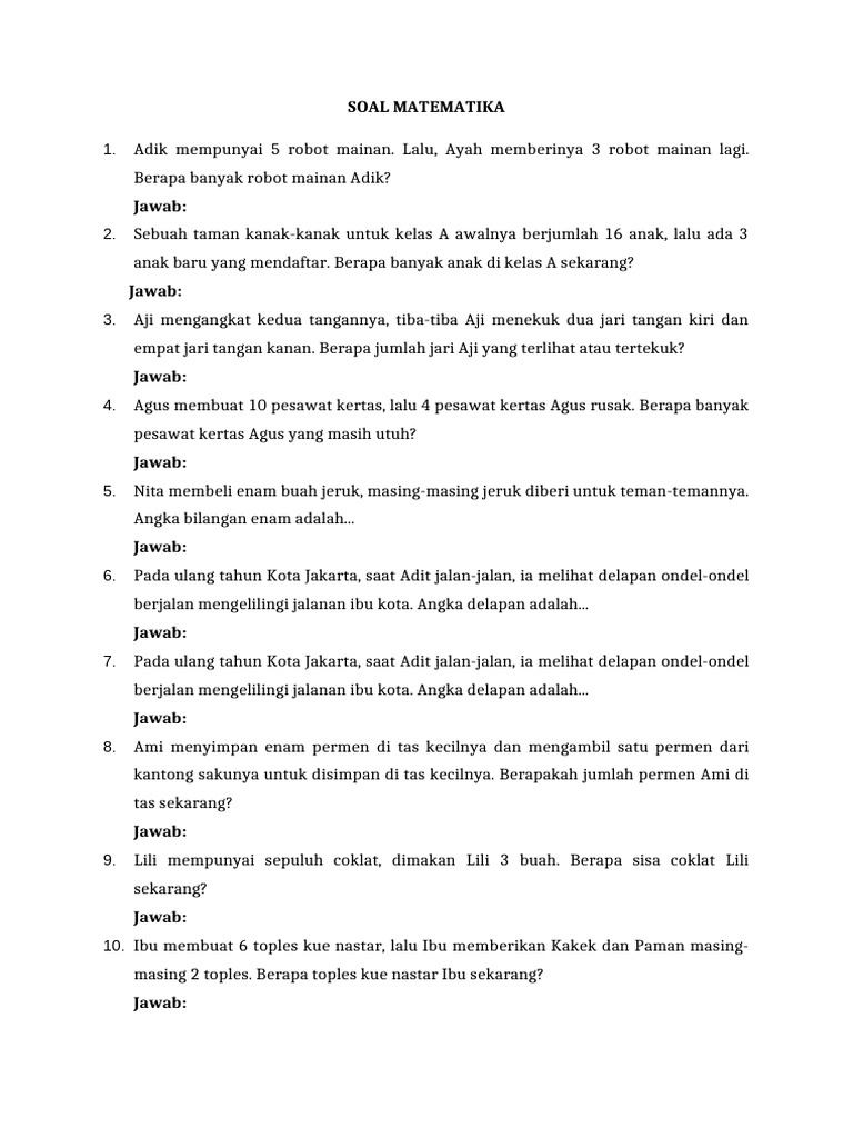 SOAL CERITA MATEMATIKA Kelas 1 | PDF