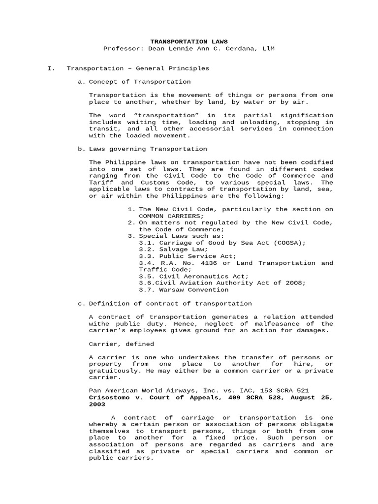 Course Outline in Transportation Laws.AY 2020-2021 | PDF