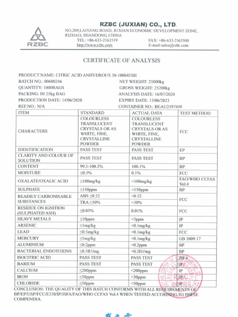 COA Citric Acid Anhydrous Ex RZBC (Juxian) Co.,Ltd | PDF