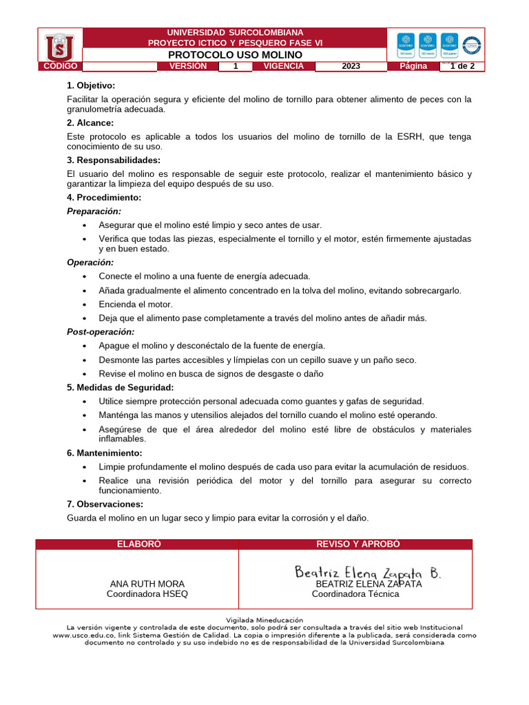 Protocolo Uso Molino | PDF
